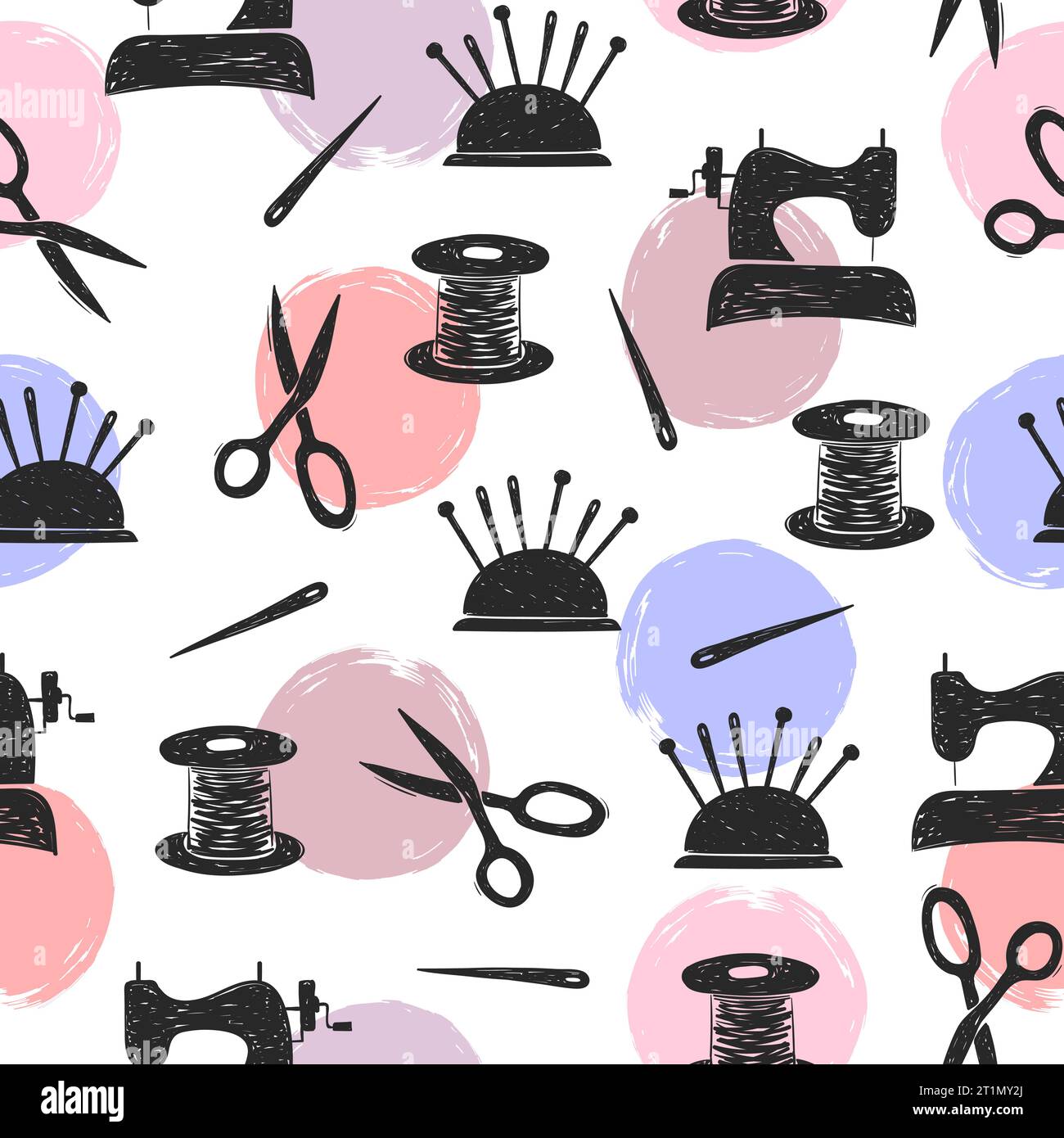 Seamless sewing pattern with doodle sewing tools. Tailoring vector ...