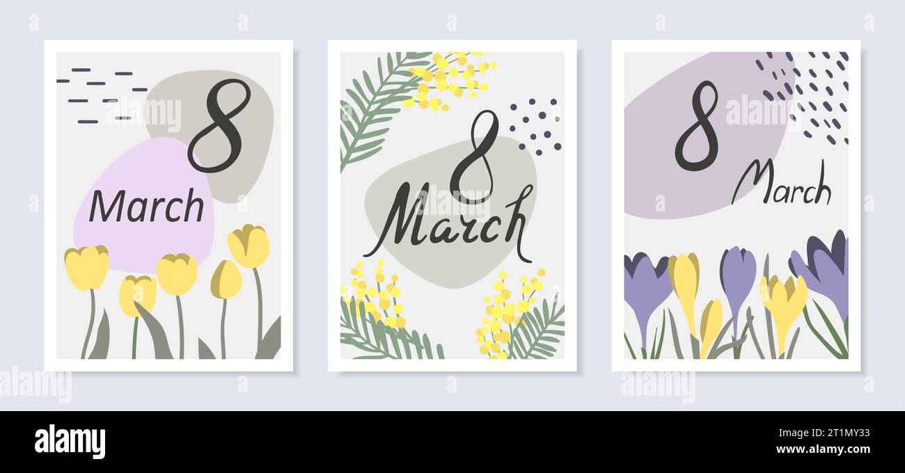 Happy Women's Day greeting card set. 8 March posters with spring ...