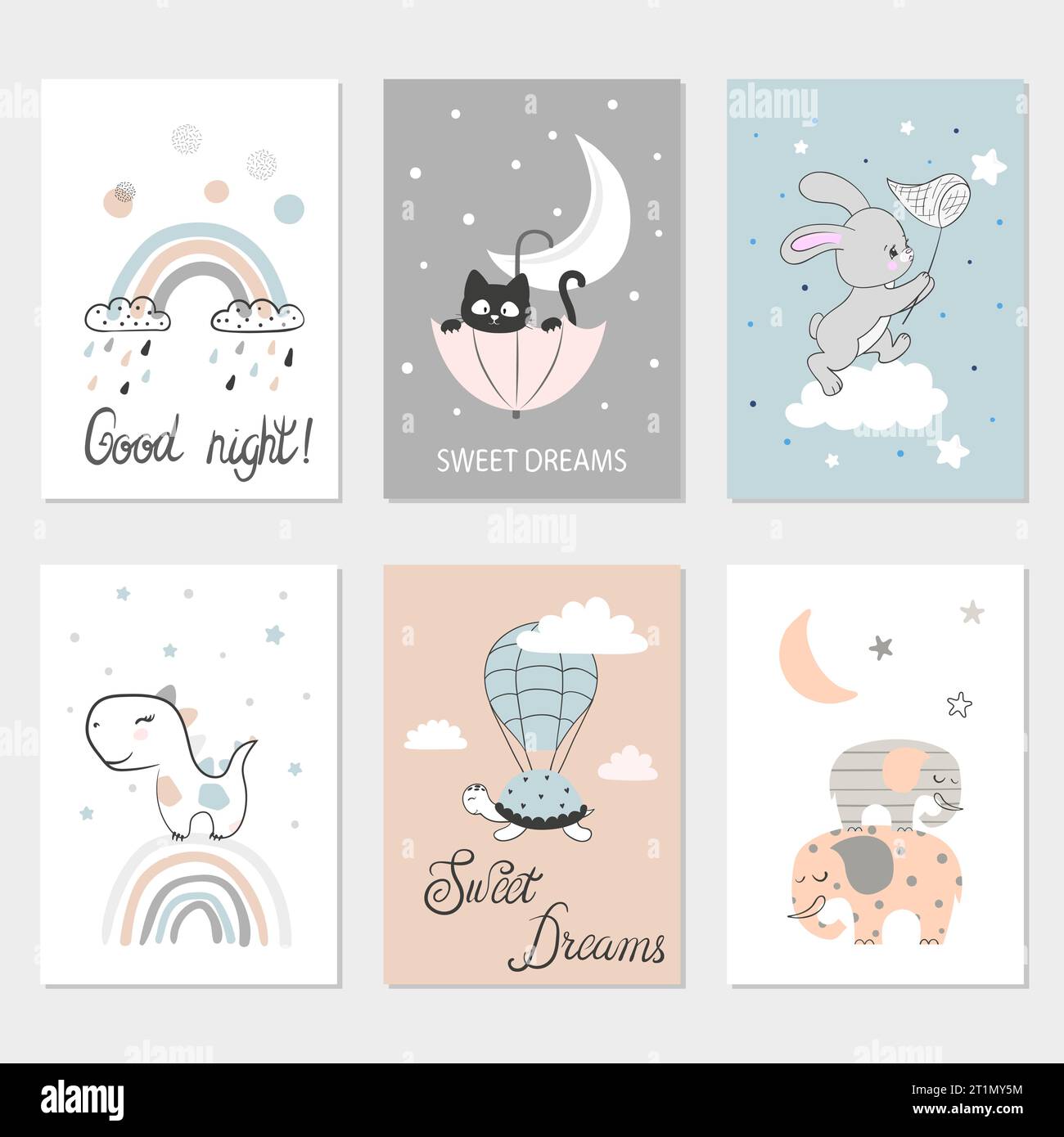 Set of night cards with cute cartoon animals, stars and moon. Posters ...