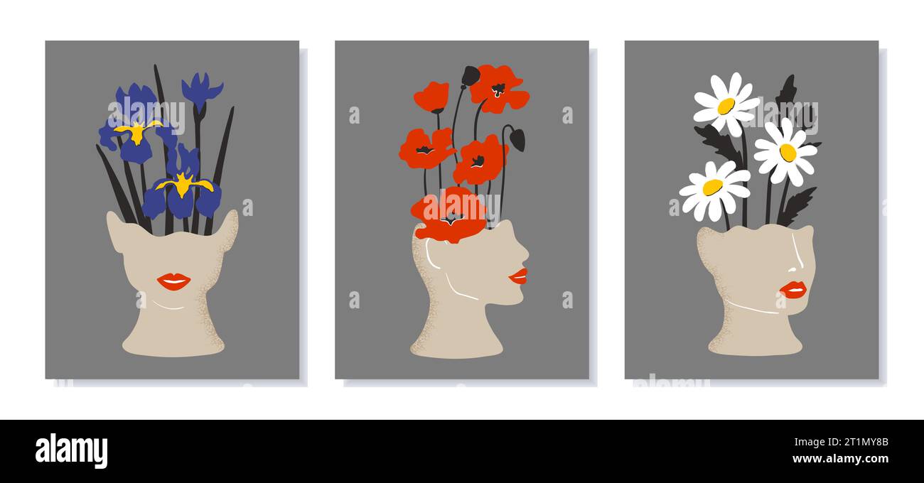 Set of women faces with flowers. Vector abstract floral trendy poster ...