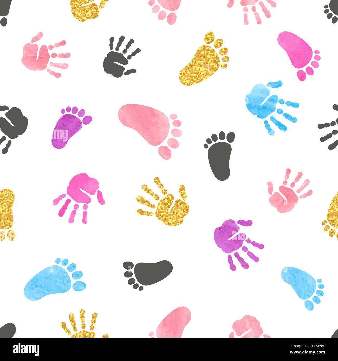 Seamless pattern with colorful kids palm hand and foot prints. Baby ...