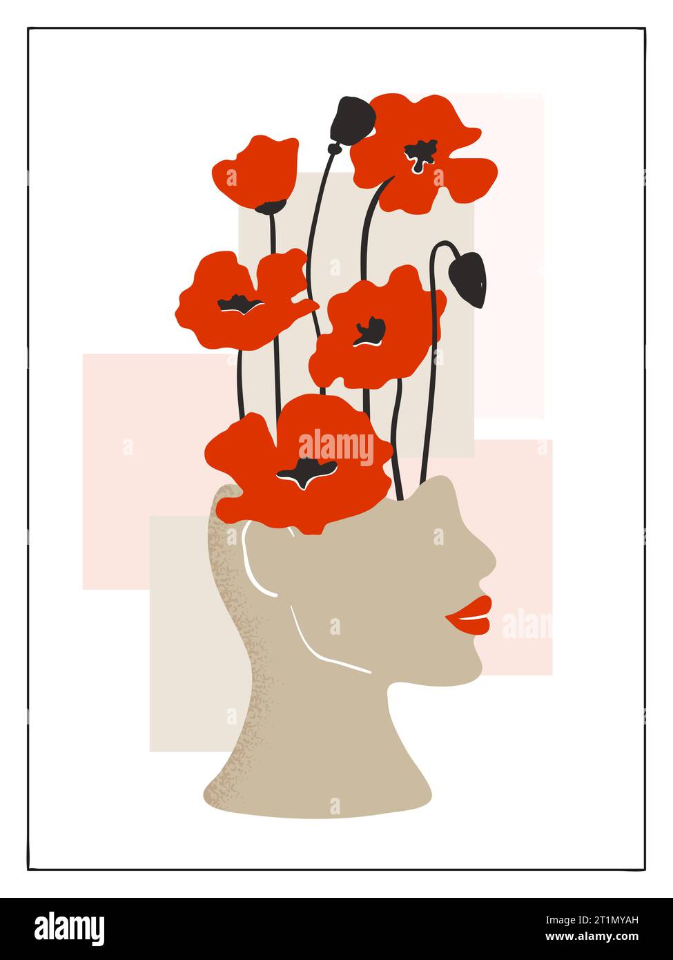 Abstract vase as woman face with red poppies. Vector floral poster ...