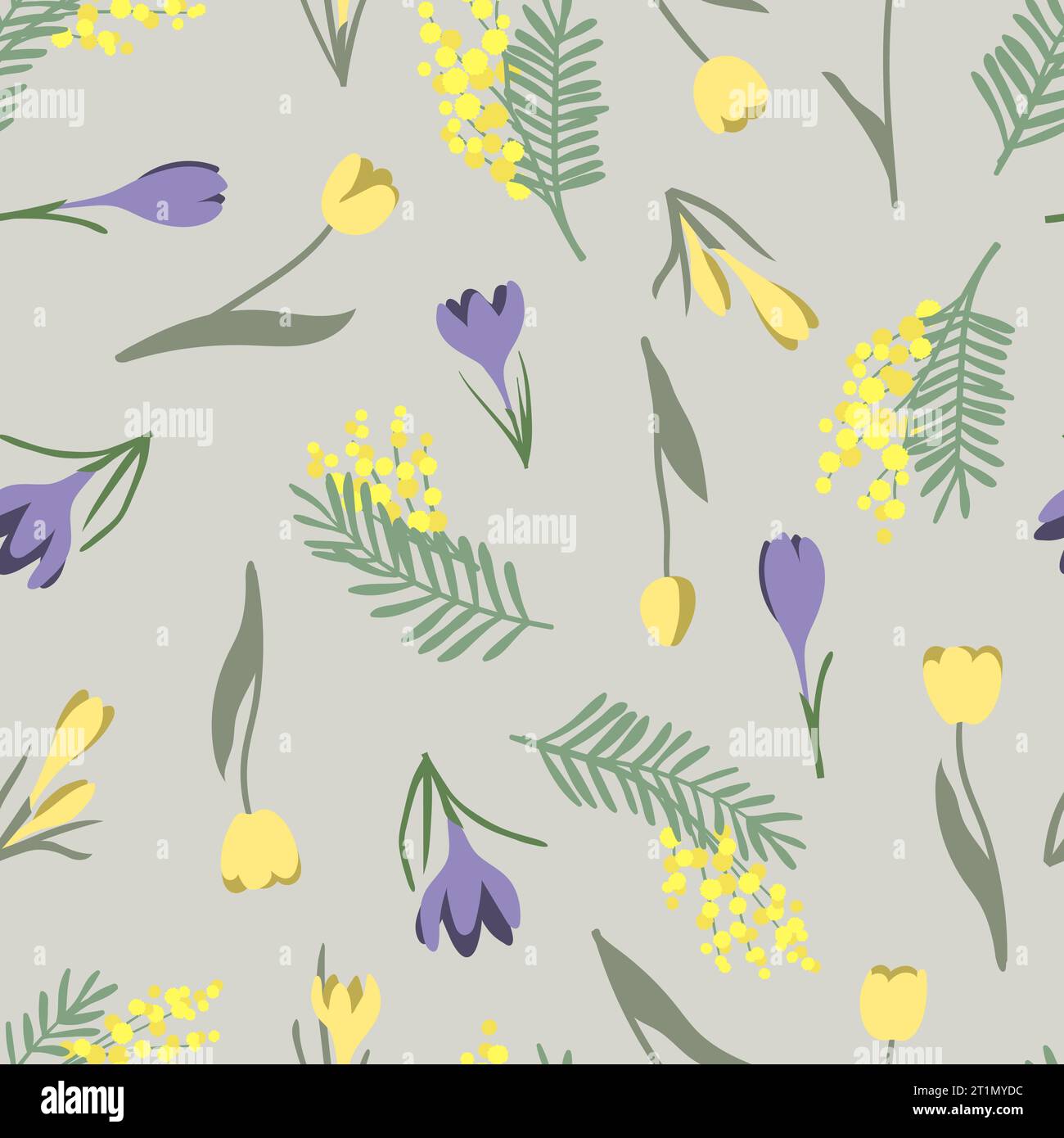 Seamless spring, flower pattern with tulips, mimosa and snowdrops Vector floral background Stock ...