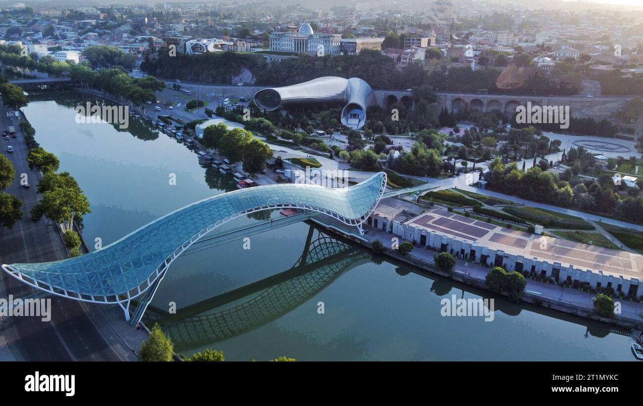 Fantastic drone point of view on Tbilisi cityscape with Kura river ...