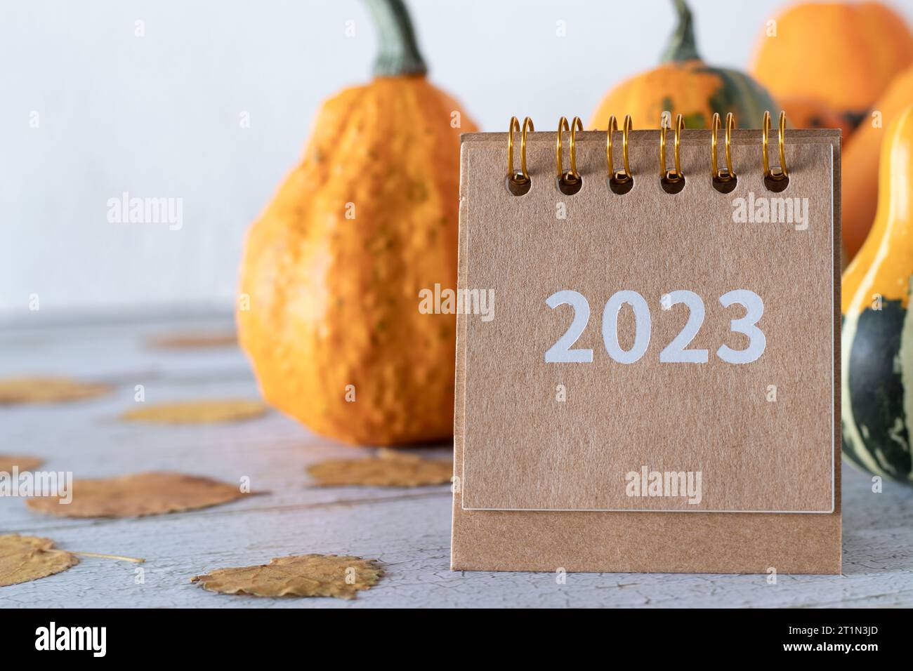 2023 year calendar with pumpkin and autumn leaves on wooden table ...
