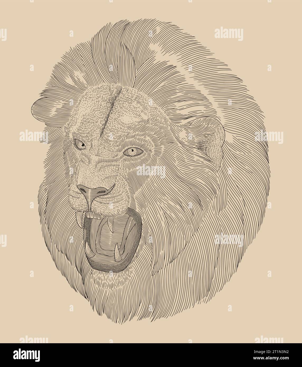 portrait of an aggressive lion head, Vintage engraving drawing style ...