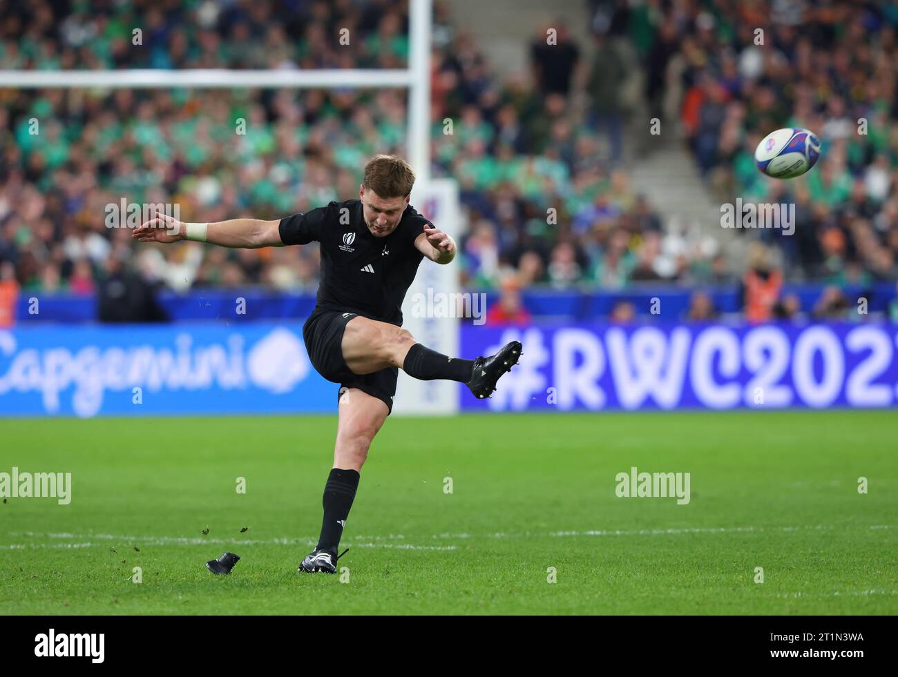 Paris, France. 14th Oct, 2023. Jordie Barrett of New Zealand kicks at ...