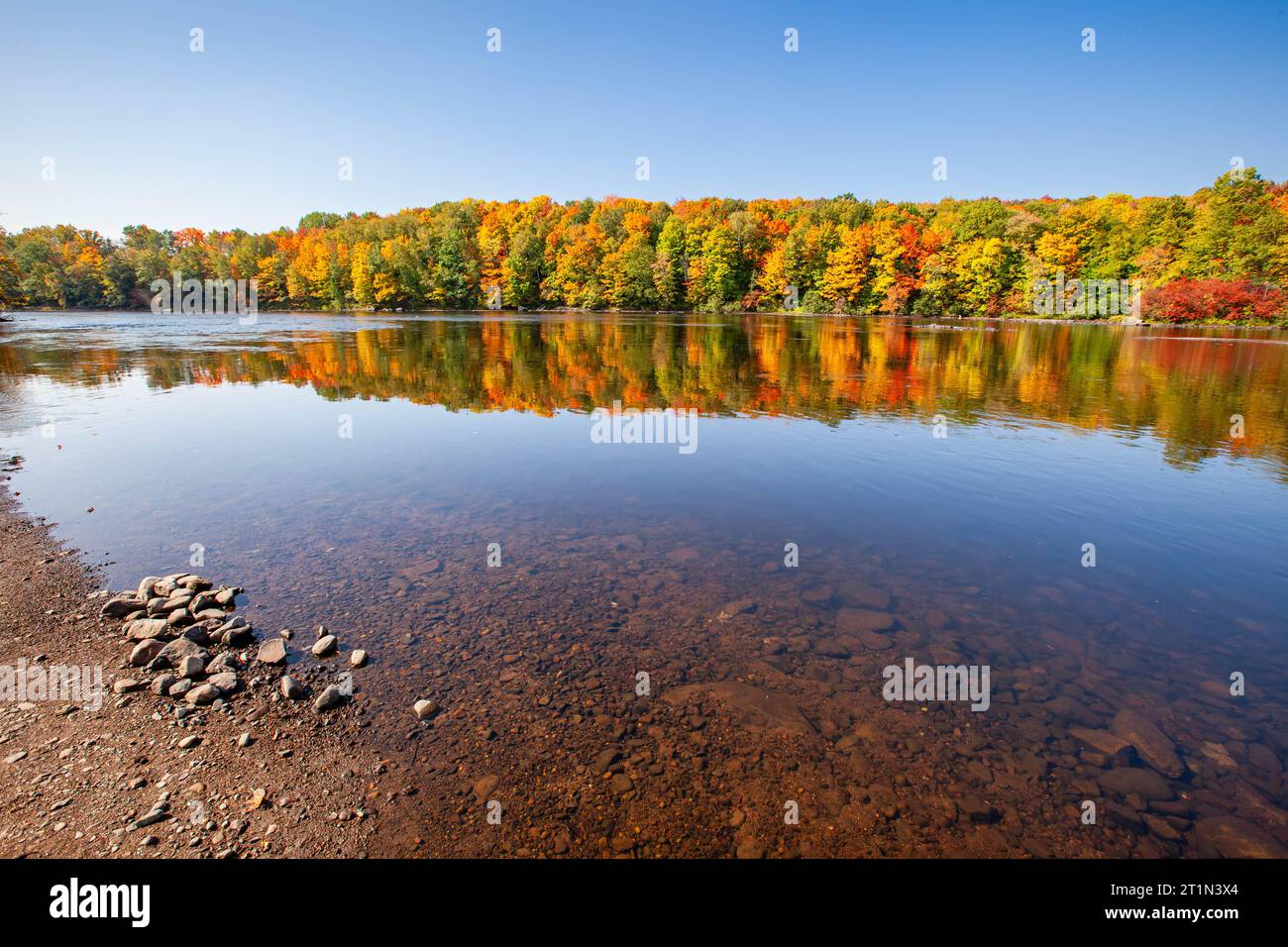 Reflection of a colorful forest in the Wisconsin River, horizontal ...