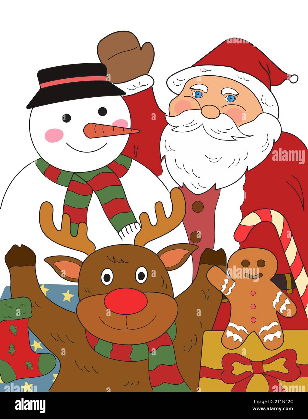Cute cartoon drawing of Santa Claus, snowman, reindeer and gingerbread ...
