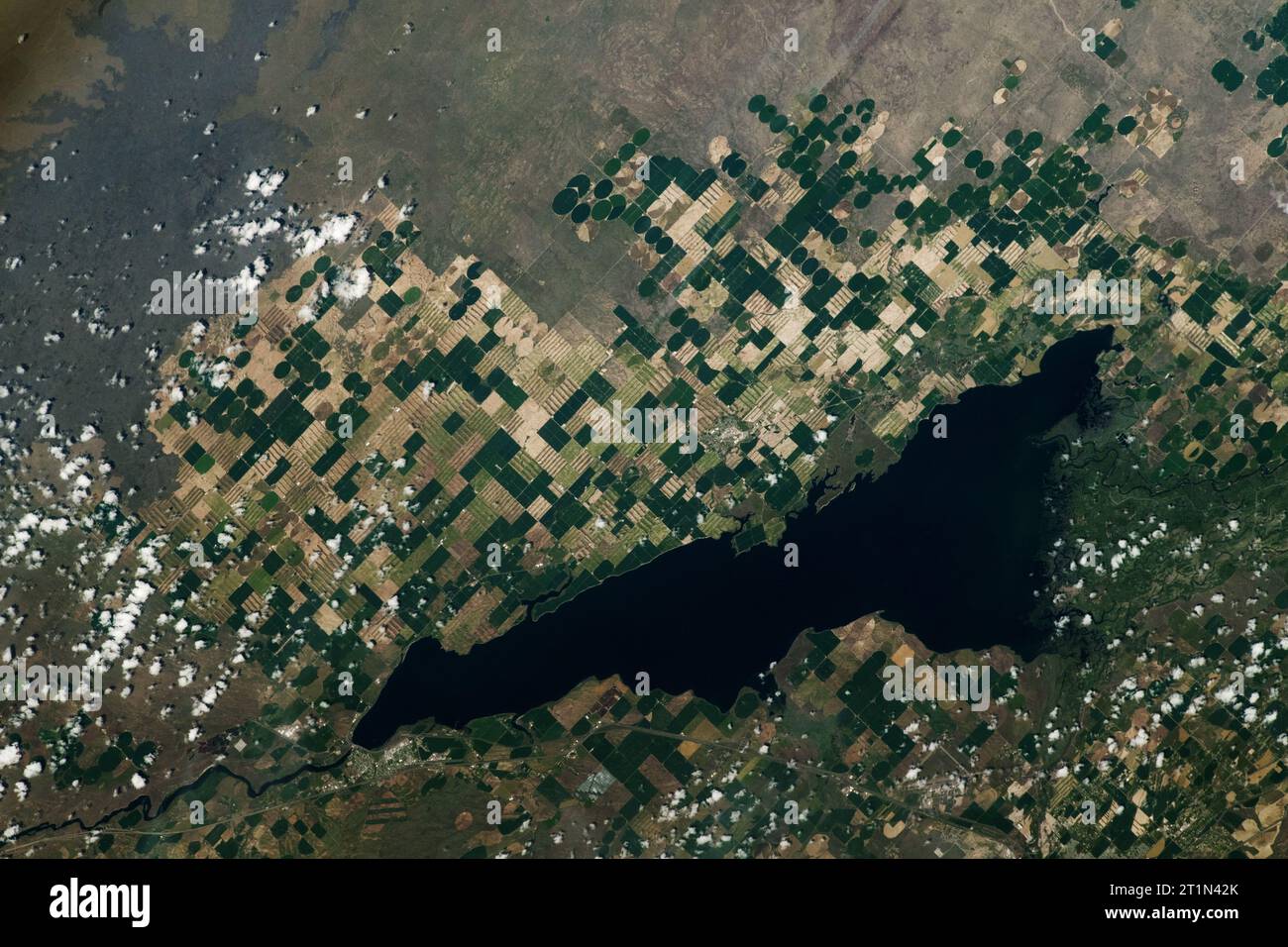 Aerial of Aberdeen, Idaho and American Falls reservoir with the Wapi ...