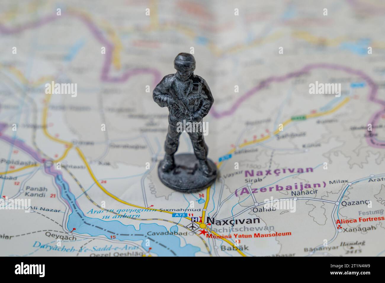 A metal toy soldier stands on the map of the Autonomous Republic of Nakhichevan in Azerbaijan ...