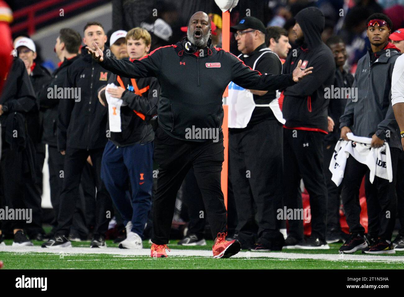 Maryland head coach Mike Locksley reacts to a penalty call against his ...