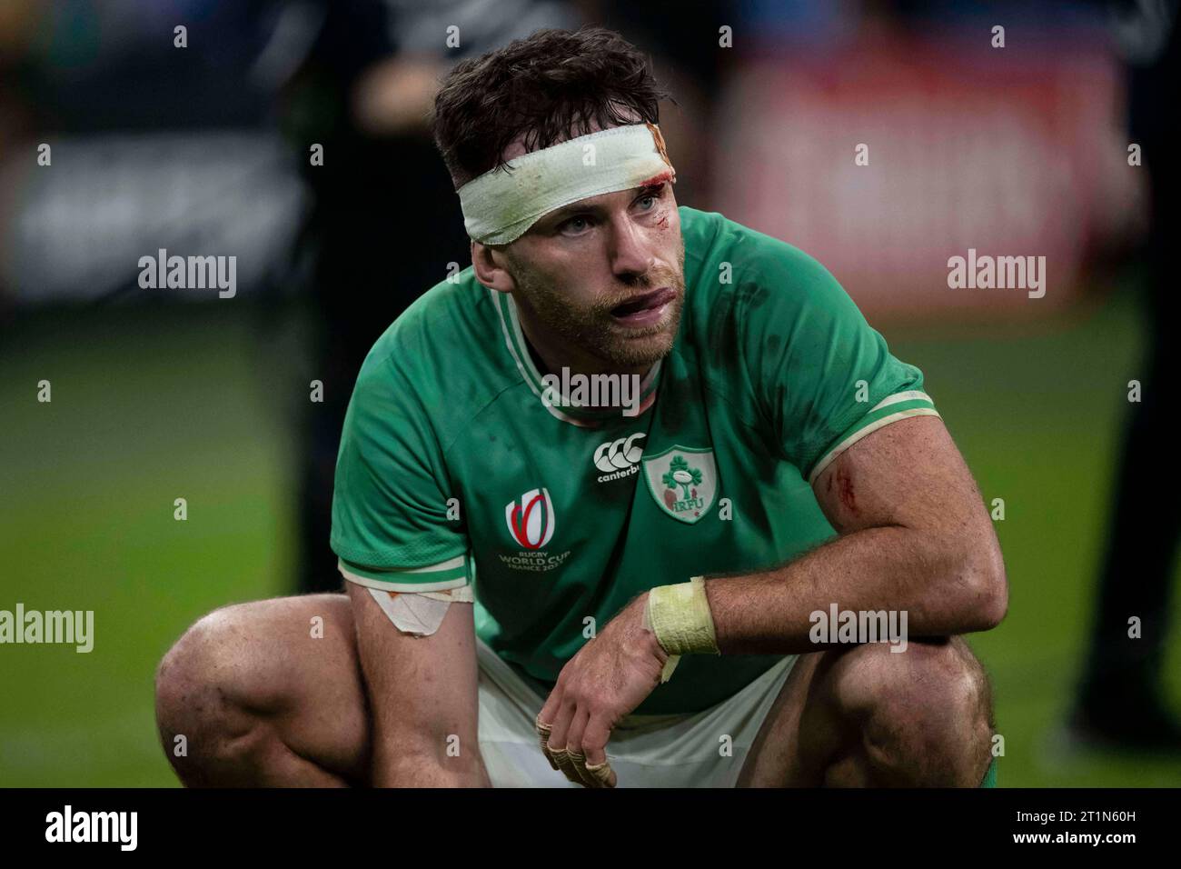 Ireland's full-back Hugo Keenan reacts after New Zealand won the France ...