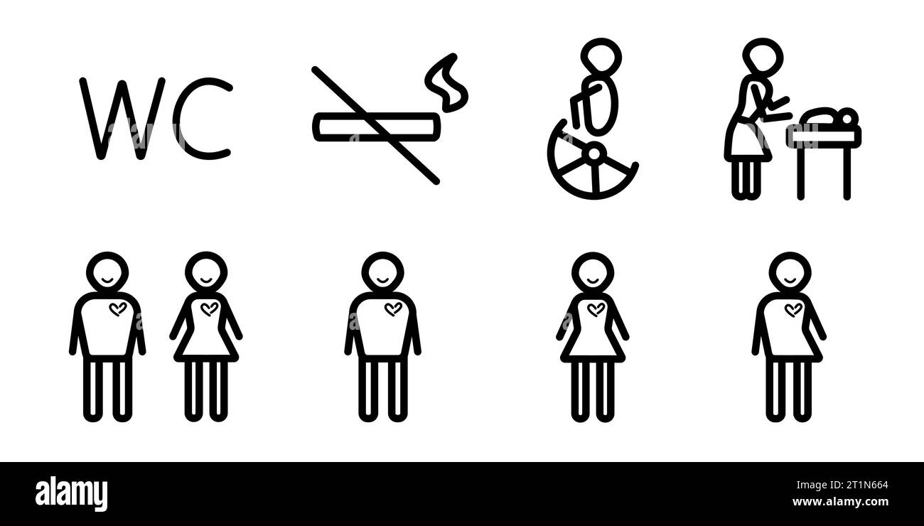 Black line icon set of wc and toilet signs, vector restroom symbols ...