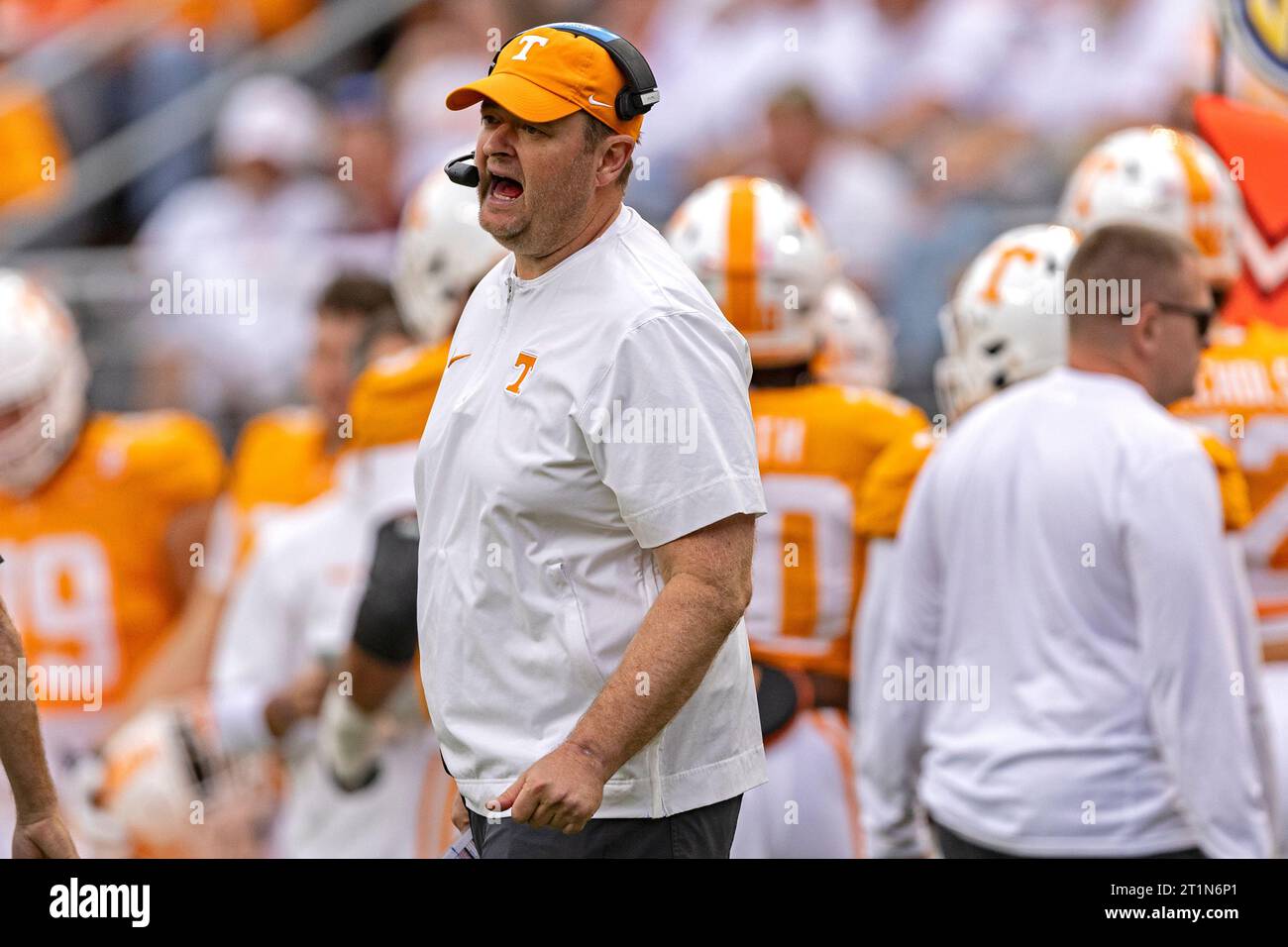 Tennessee head coach Josh Heupel yells to his players during the first ...