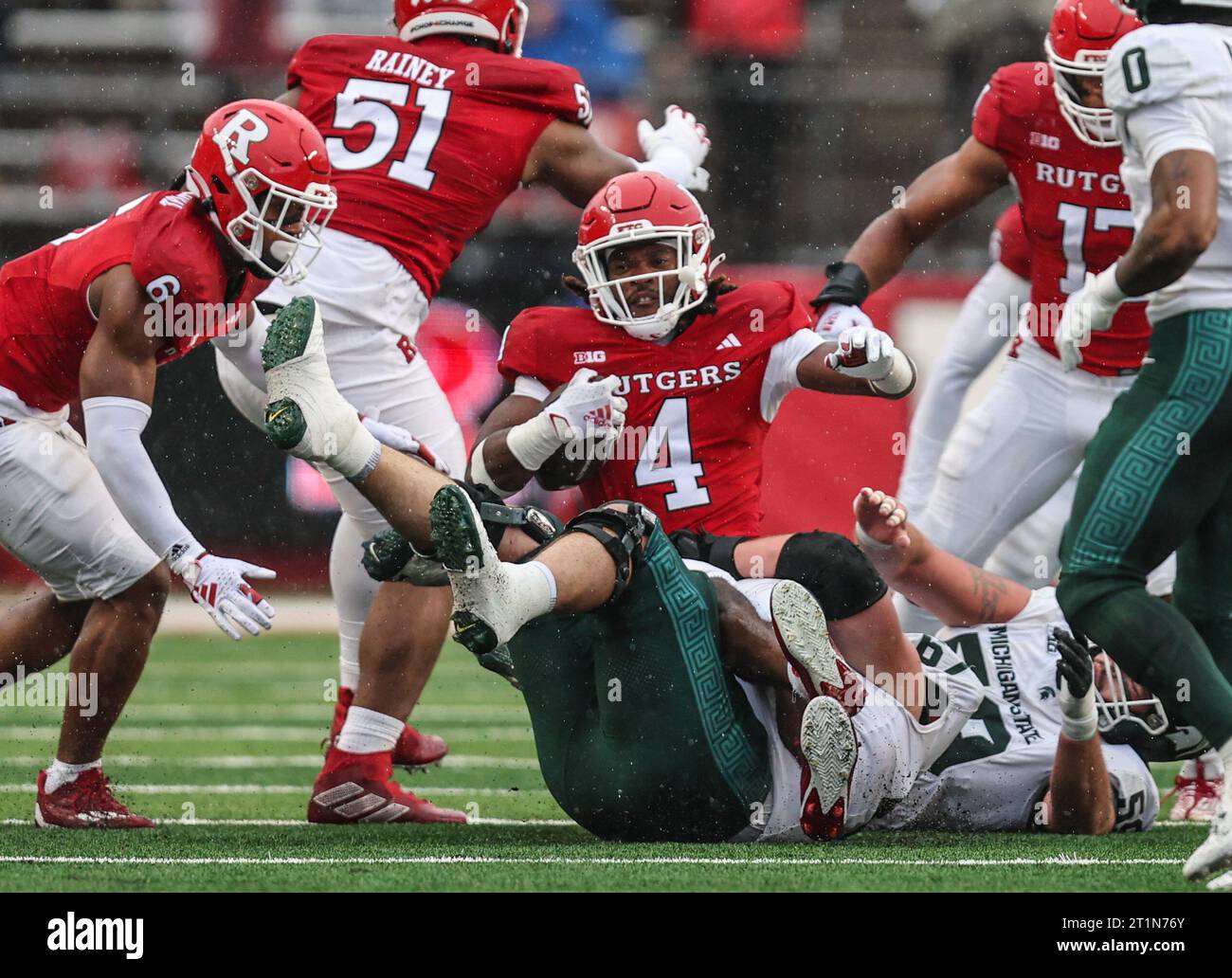 Piscataway, NJ, USA. 14th Oct, 2023. Rutgers Scarlet Knights defensive ...