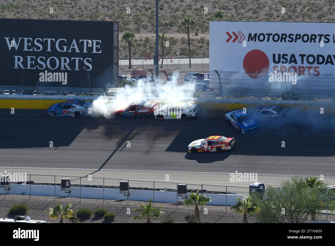 LAS VEGAS, NV - OCTOBER 14: A crash in turn 2 involving Kaz Grala (#26 ...