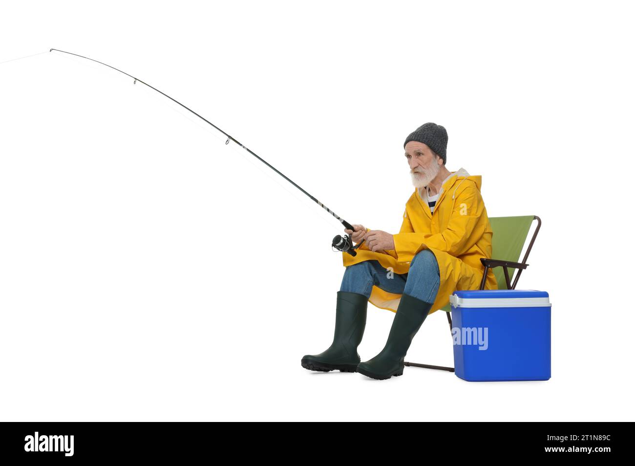 Fisherman with rod on chair near cool box isolated on white Stock Photo ...