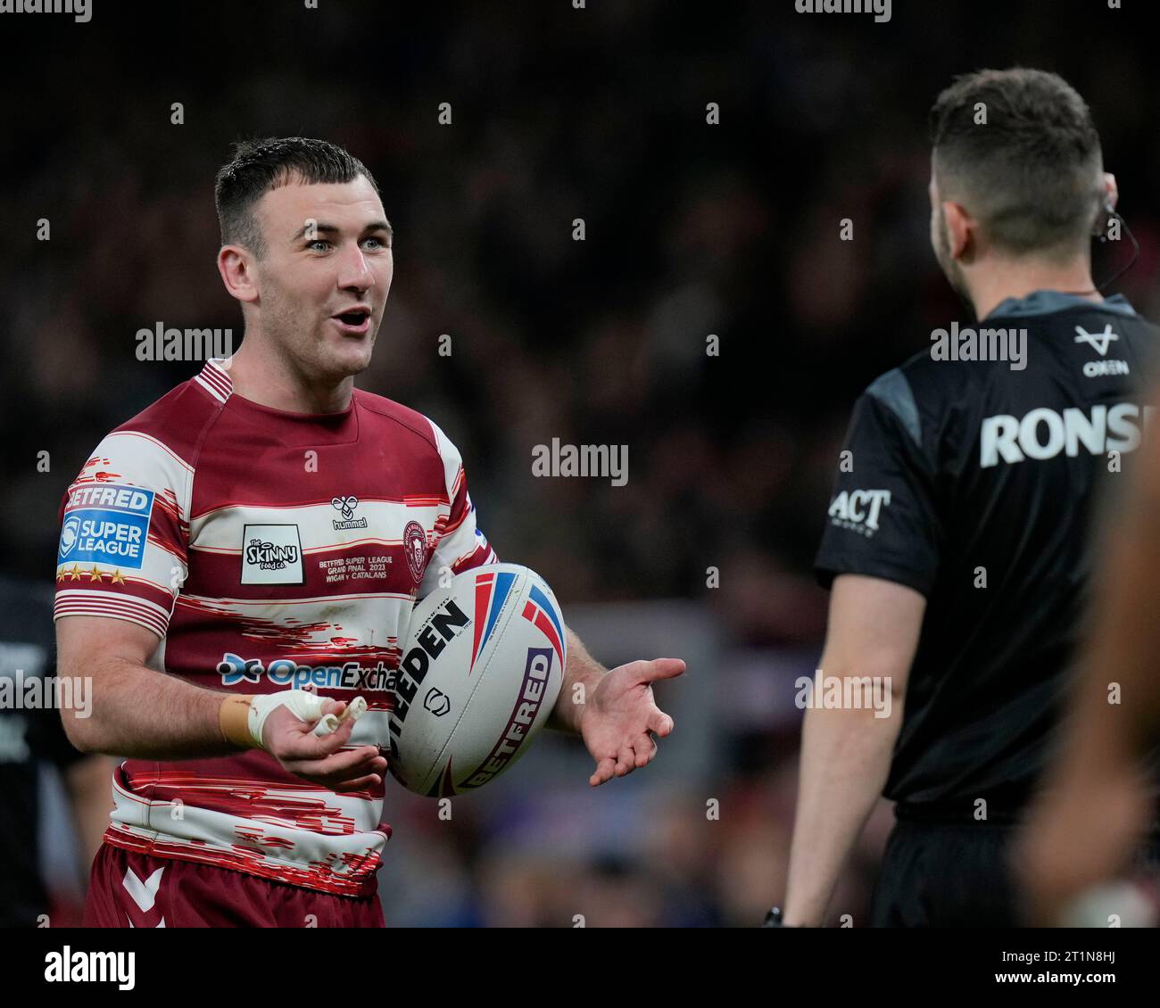 Manchester, UK. 14th Oct, 2023. Harry Smith #7 of Wigan Warriors speak ...