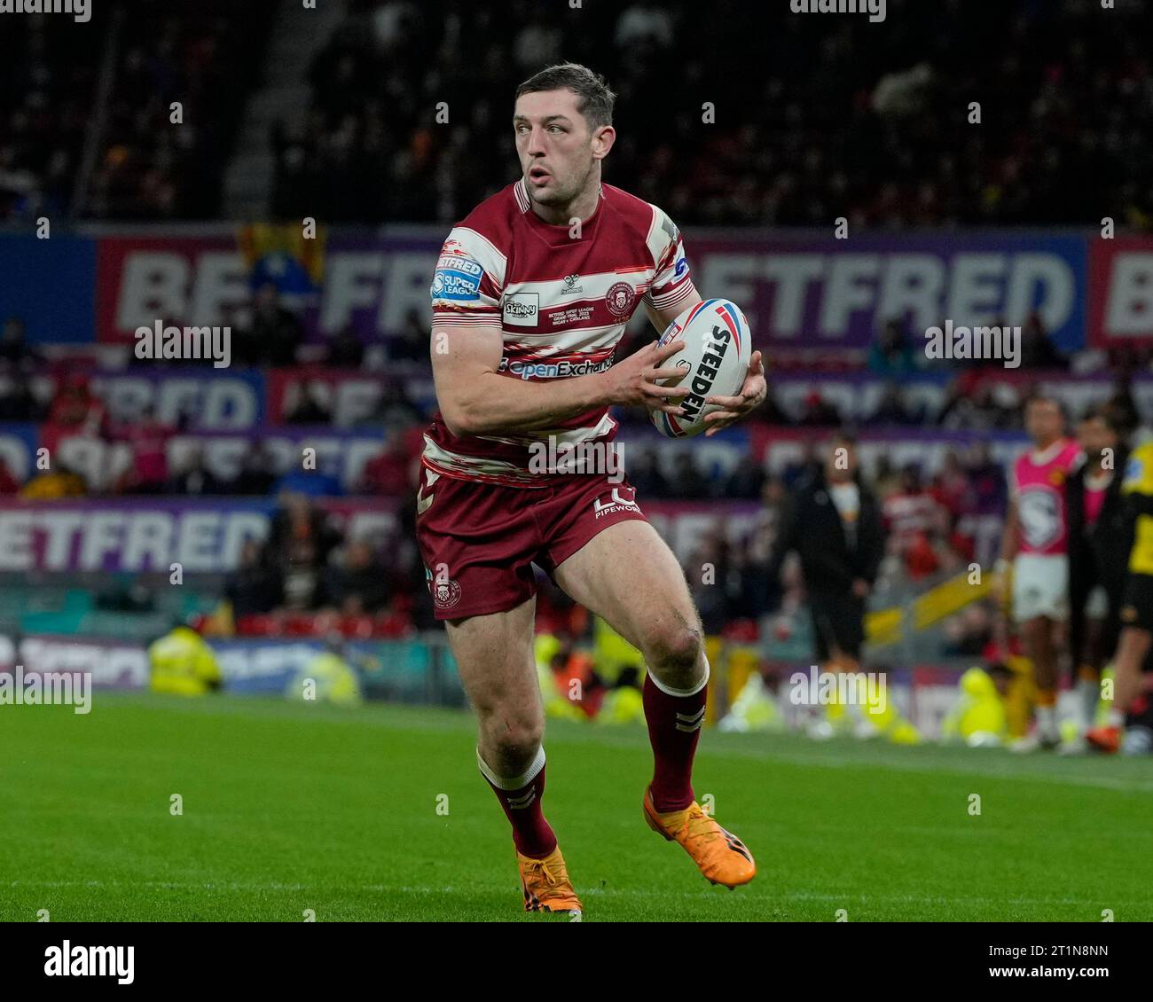 Manchester, UK. 14th Oct, 2023. Jake Wardle #4 of Wigan Warriors during ...