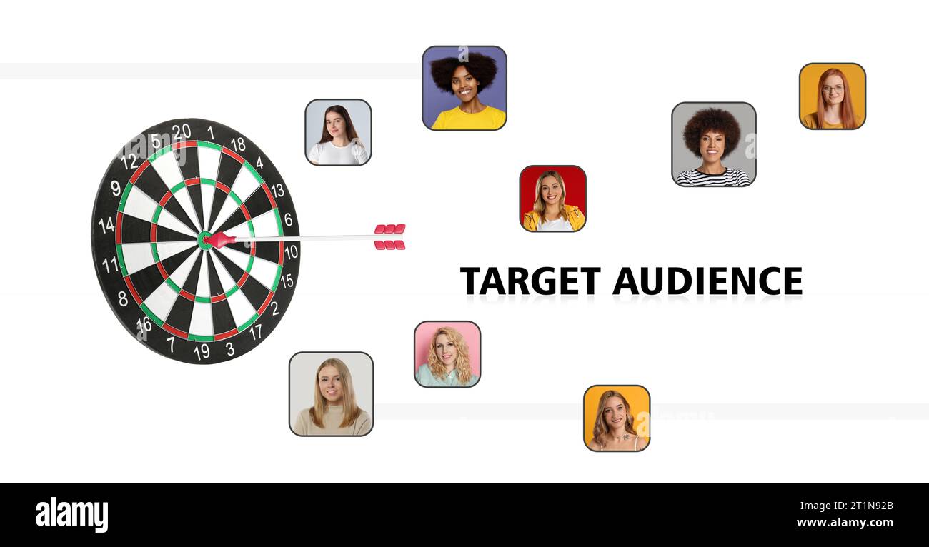 Target audience. Dartboard with arrow in middle and photos of potential ...