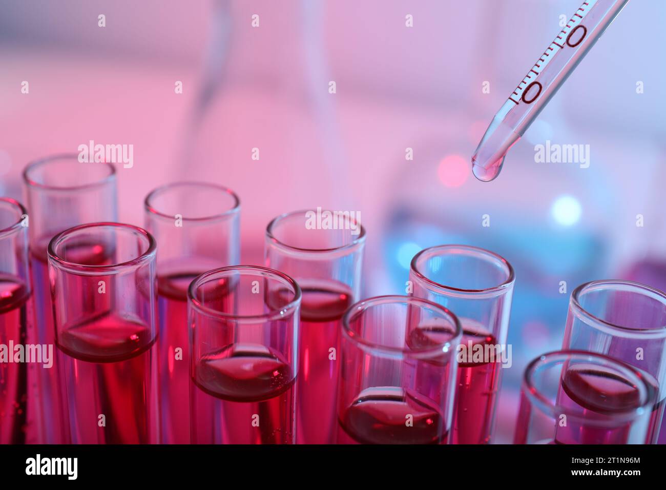Dripping reagent into test tube with red liquid, closeup. Laboratory ...
