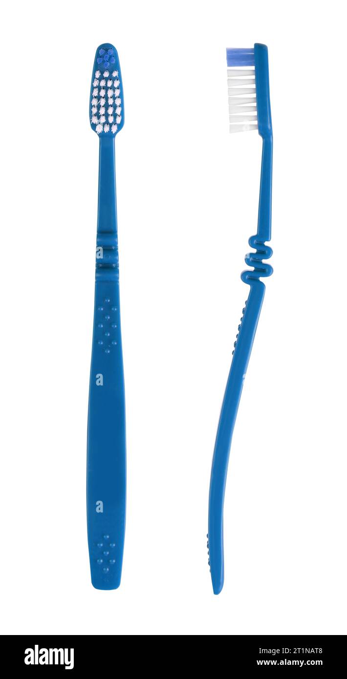 Collage with blue toothbrush isolated on white, different sides Stock ...