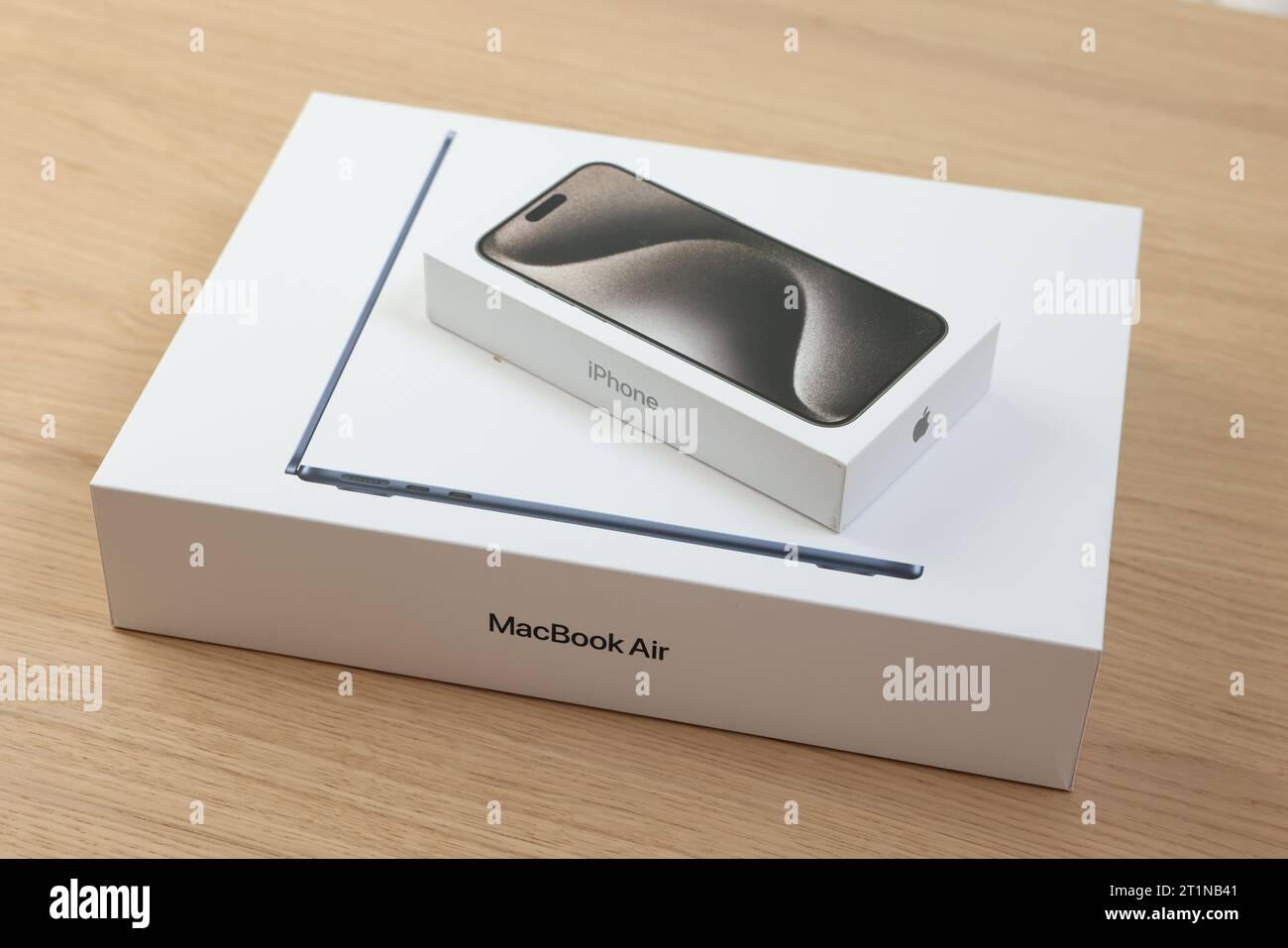 Leiden, Netherlands - October 6, 2023: Boxes with modern MacBook Air ...