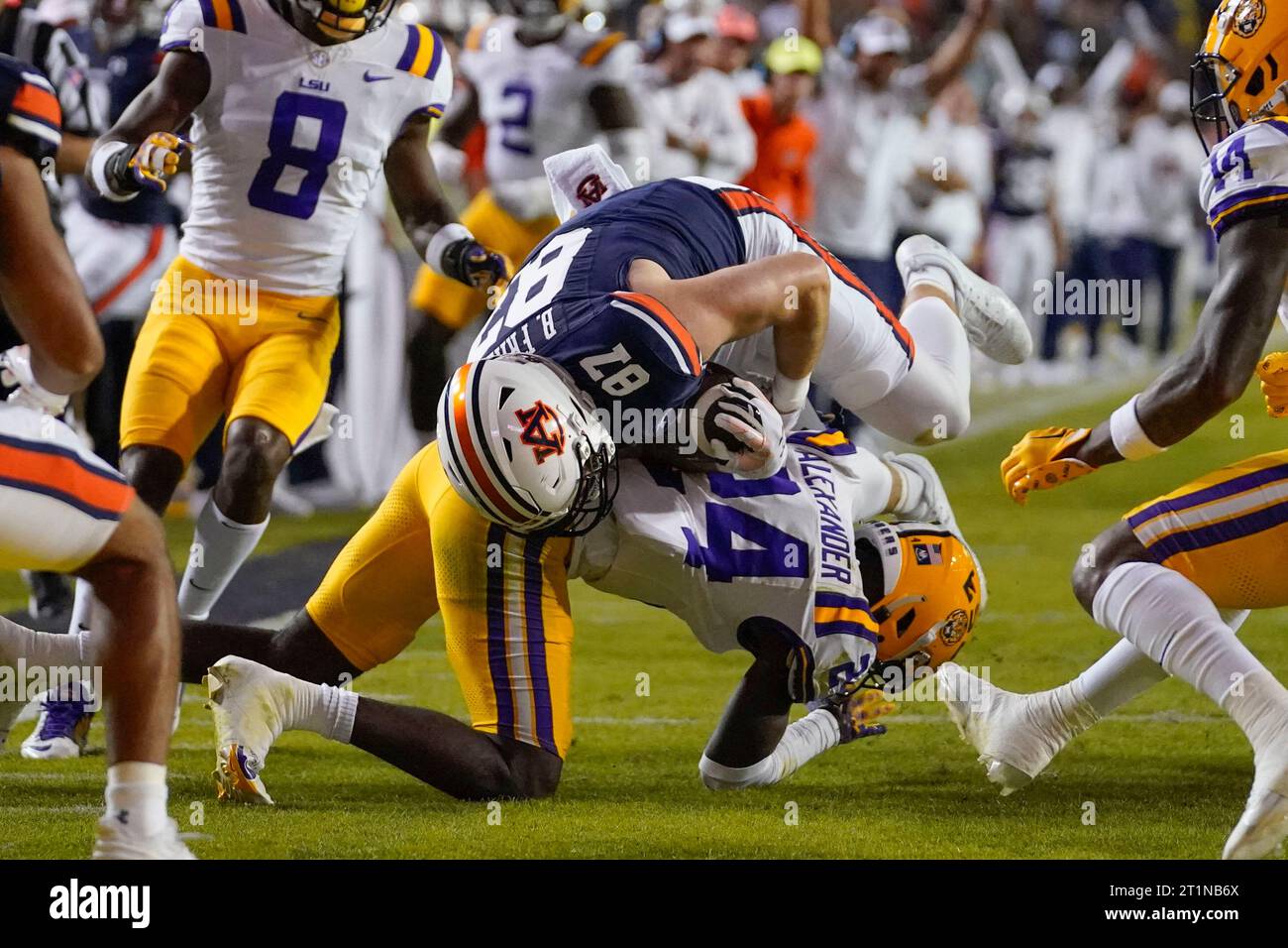 Auburn tight end Brandon Frazier (87) is upended near the goal line by ...