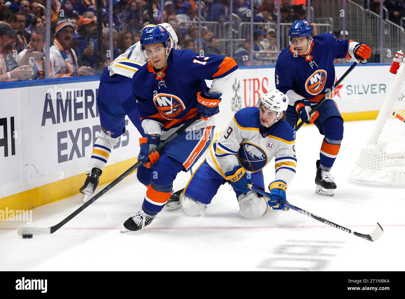 New York Islanders center Mathew Barzal (13) controls the puck against ...
