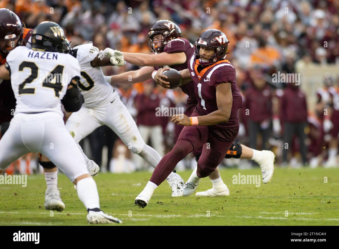 October 14, 2023: Virginia Tech Hokies quarterback Kyron Drones (1) scrambles out of the pocket ...