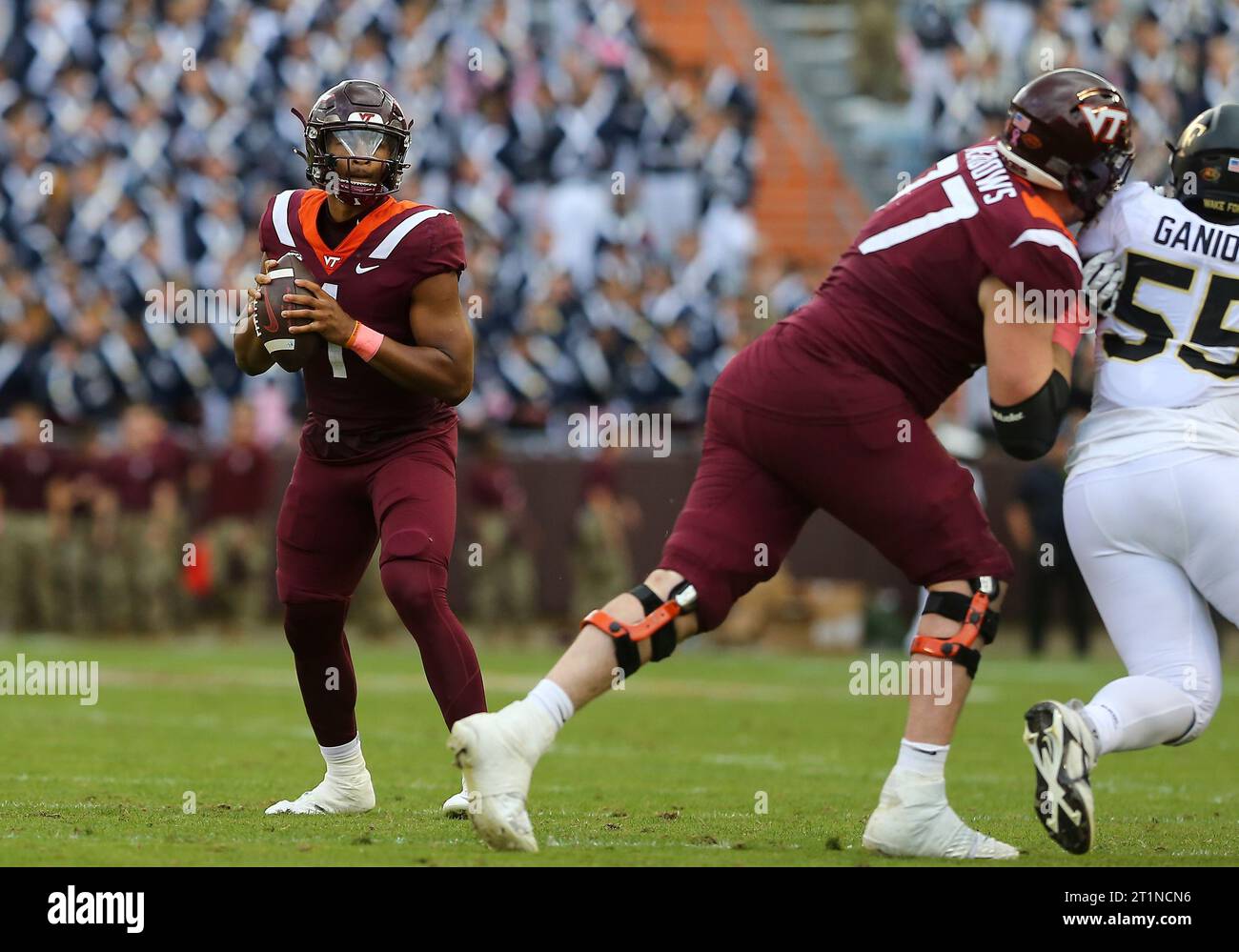 BLACKSBURG, VA - OCTOBER 14: Virginia Tech Hokies Quarterback Kyron Drones (1) surveys the field ...
