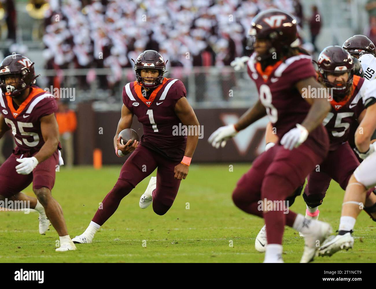 BLACKSBURG, VA - OCTOBER 14: Virginia Tech Hokies Quarterback Kyron Drones (1) rushes up field ...