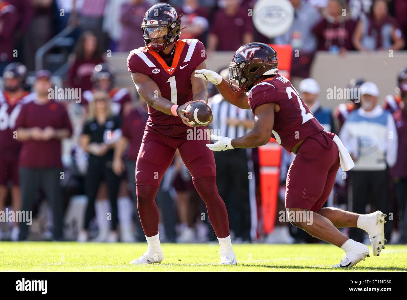 Blacksburg, Virginia, USA. 14th Oct, 2023. Virginia Tech Hokies quarterback Kyron Drones (1 ...