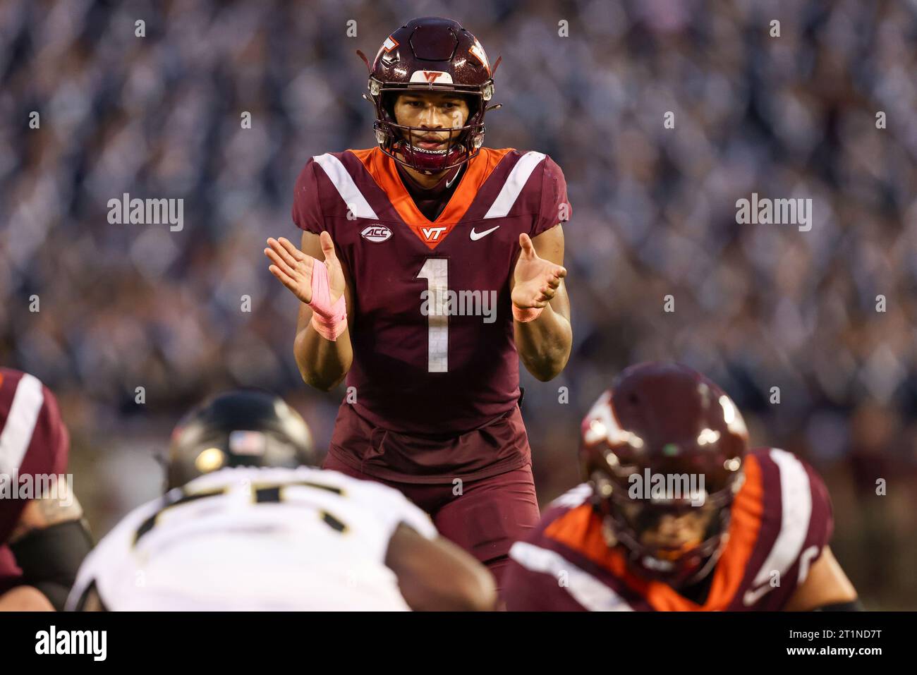Blacksburg, Virginia, USA. 14th Oct, 2023. Virginia Tech Hokies quarterback Kyron Drones (1) pre ...