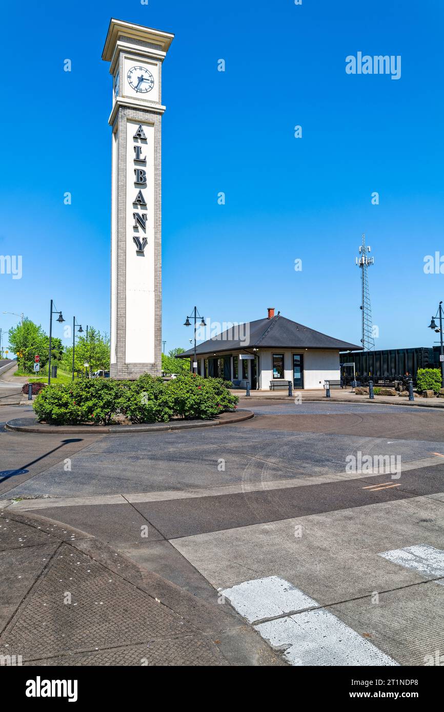 The clock tower outside the Amtrak train station in Albany, Oregon, USA ...