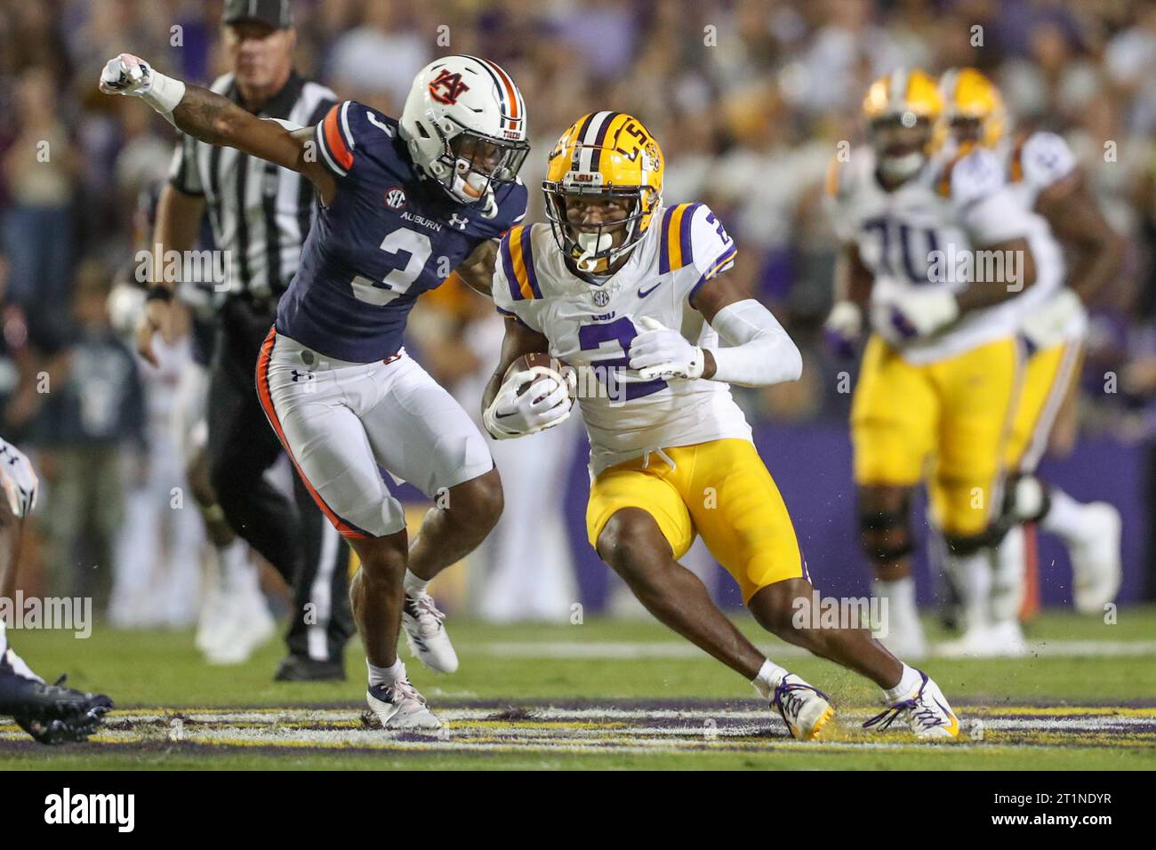 Baton Rouge, LA, USA. 14th Oct, 2023. Auburn's Kayin Lee (3) tries to ...