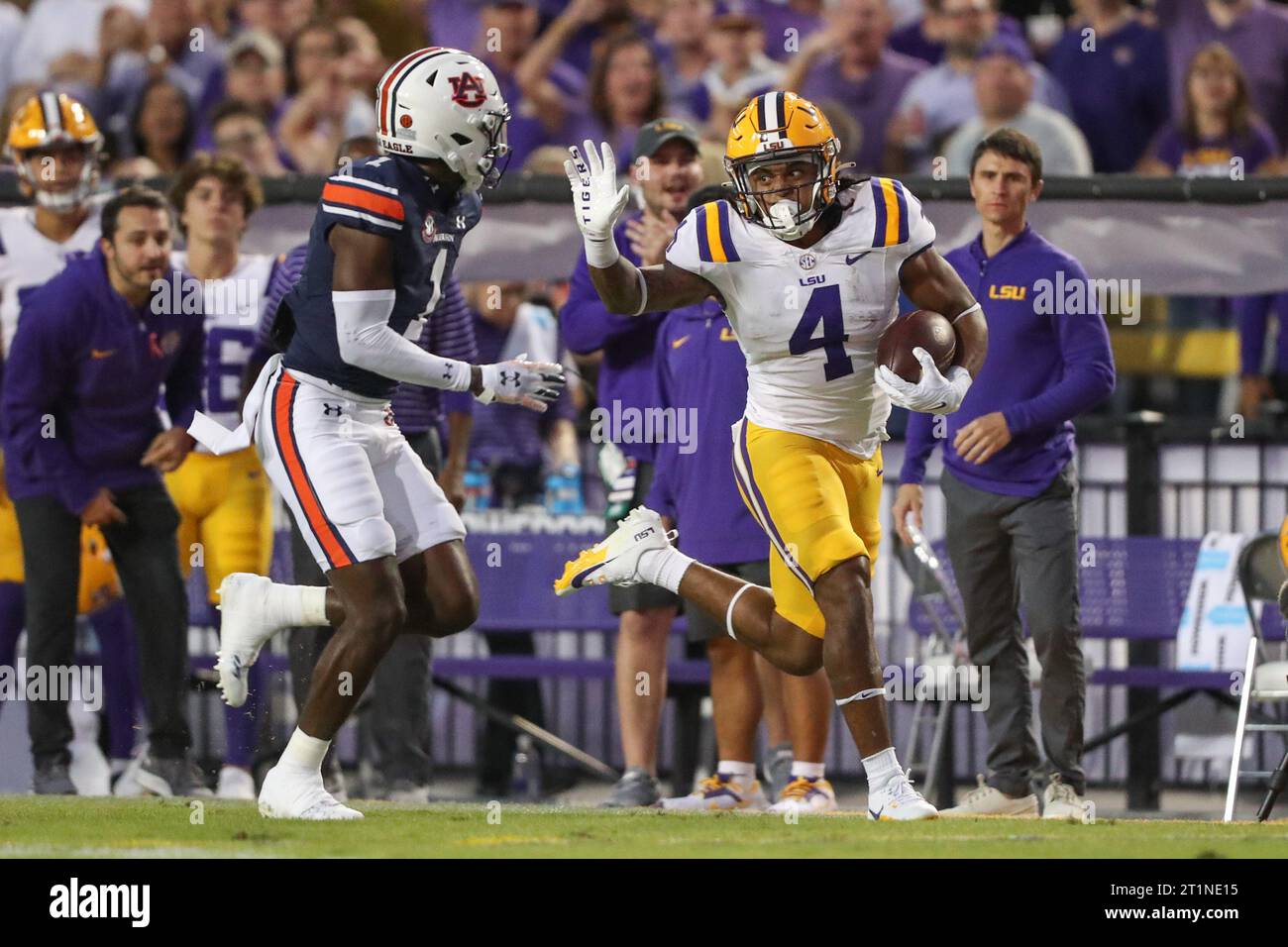 October 14, 2023: LSU running back John Emery Jr. (4) tries to outrun ...