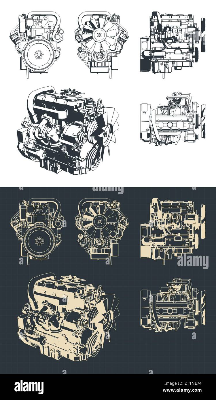 Stylized vector illustrations of blueprints of diesel engine Stock ...