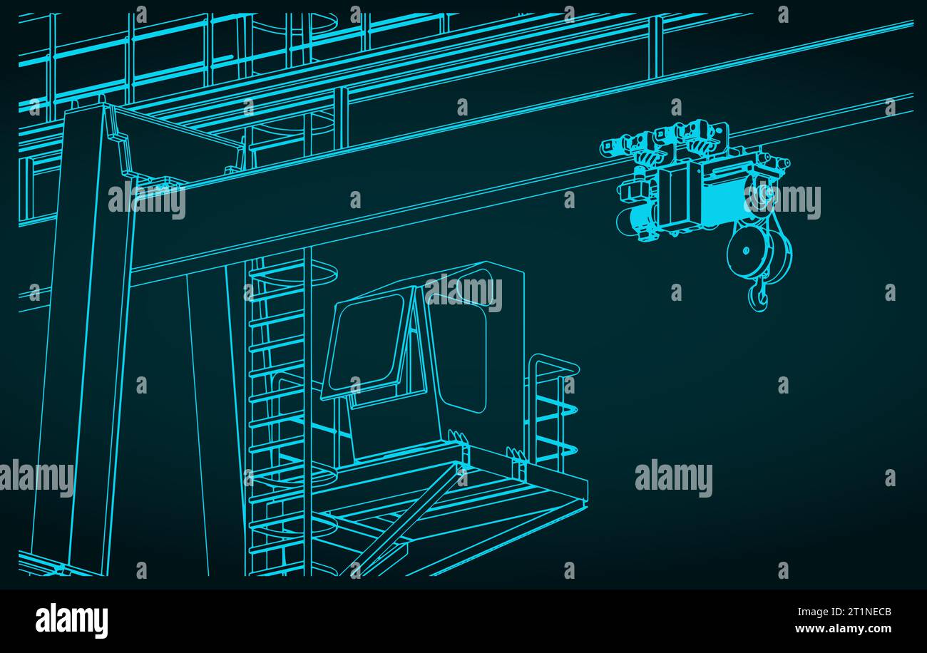Stylized vector illustration of gantry crane close up. Blueprints style ...