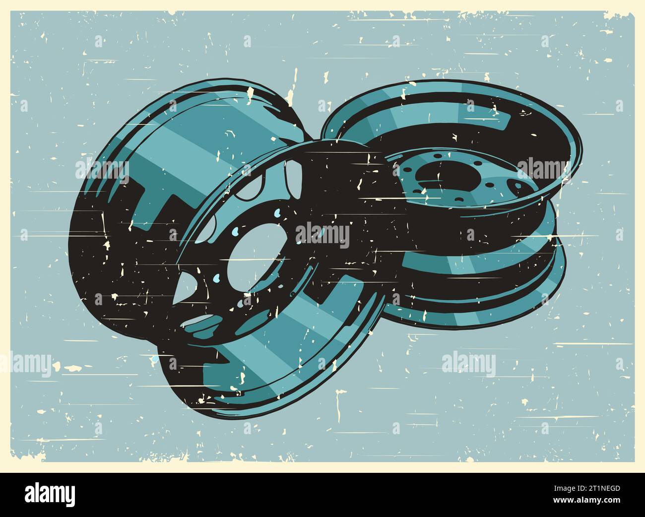 Stylized vector illustrations of steel wheels for a car in retro poster ...