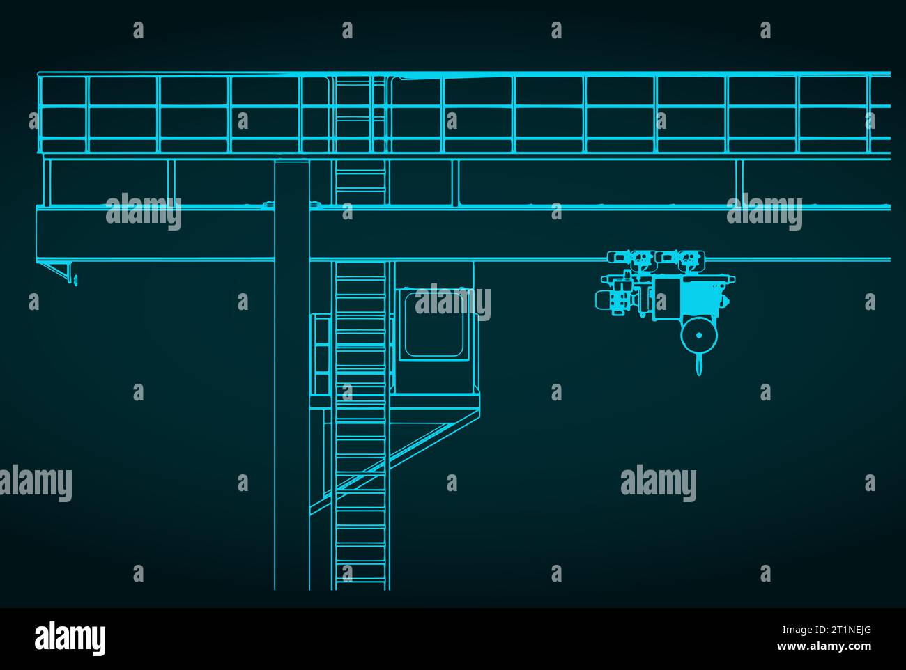 Stylized vector illustration of gantry crane close up. Blueprints style ...