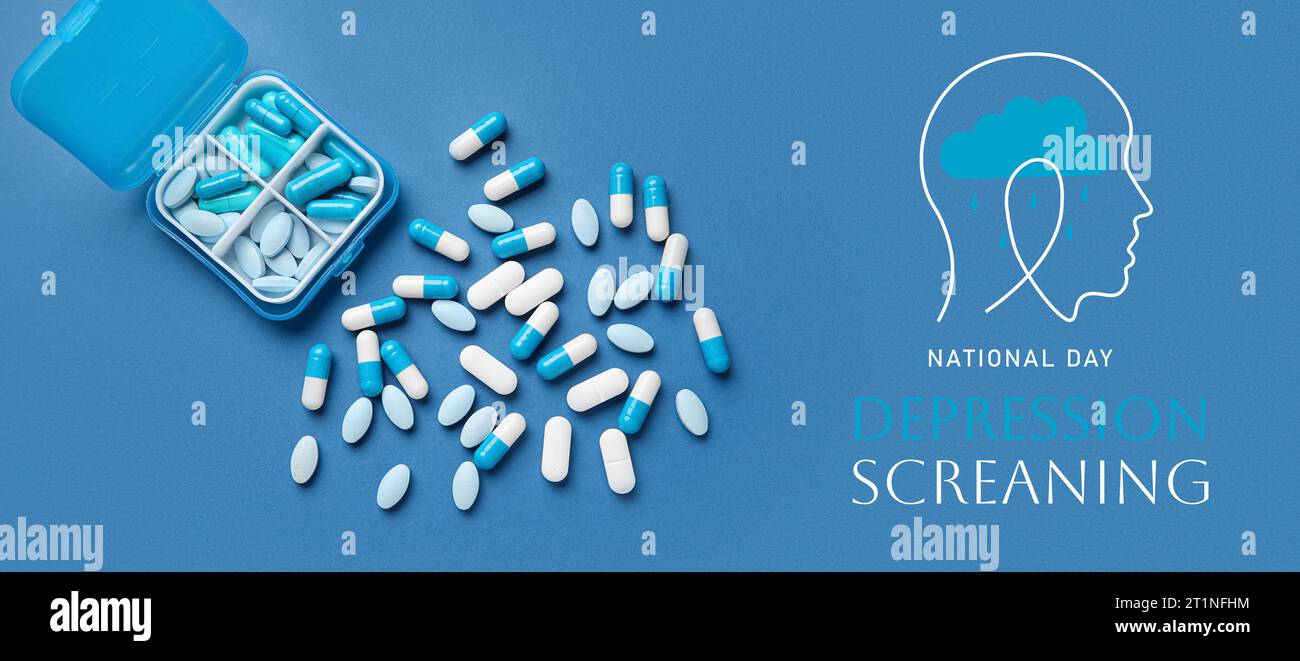 Banner for National Depression screening day with pills Stock Photo - Alamy