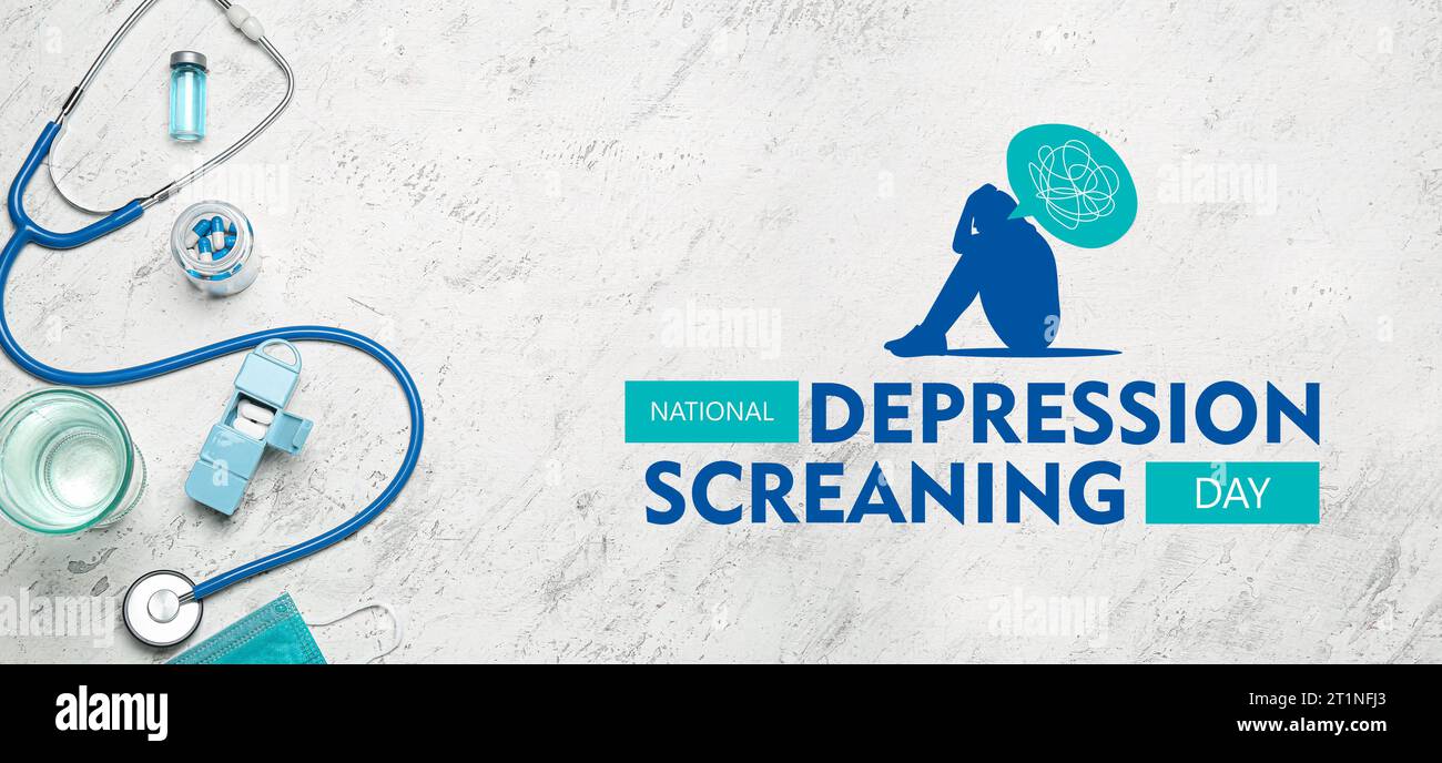 Banner for National Depression screening day with pills, glass of water ...