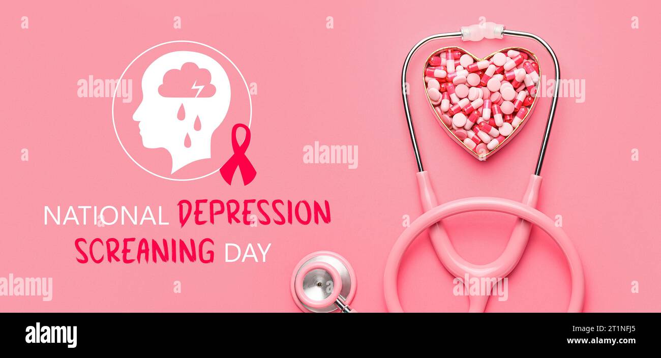 Banner for National Depression screening day with stethoscope and pills ...