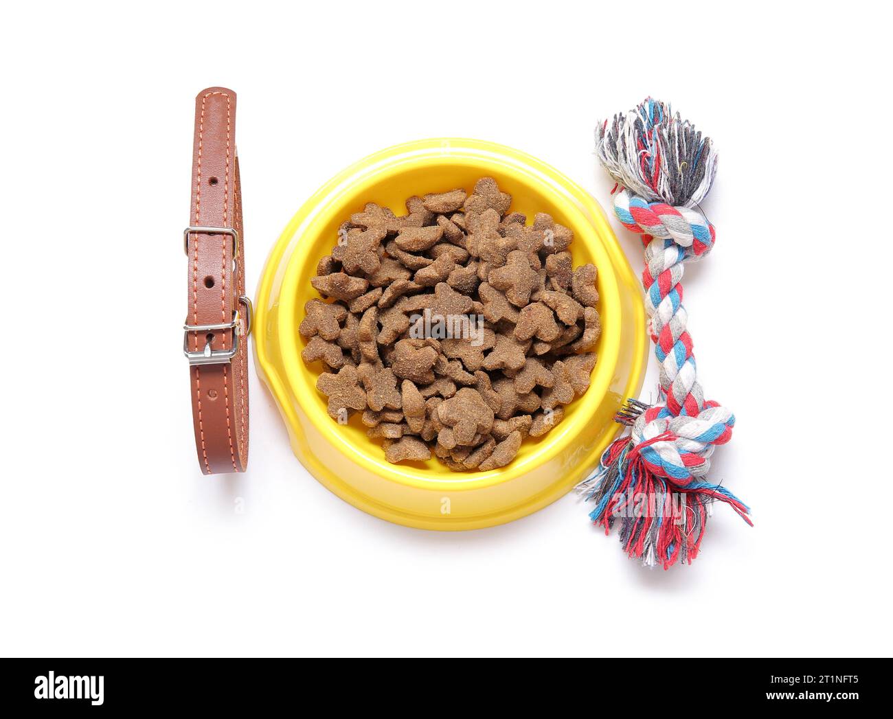Bowl of dry pet food, collar and cotton toy on white background Stock ...