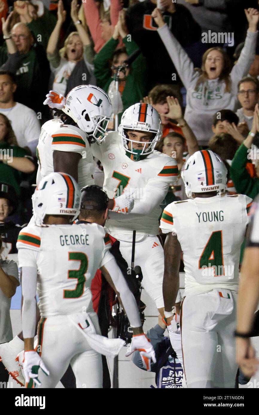 Miami wide receiver Xavier Restrepo (7) celebrates his touchdown ...