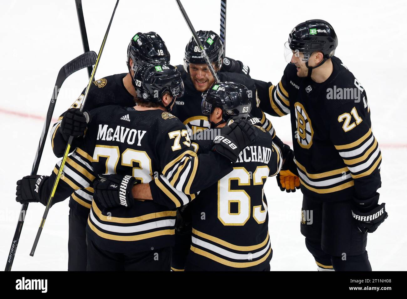 Boston Bruins' James van Riemsdyk (21) celebrates his goal with Brad ...