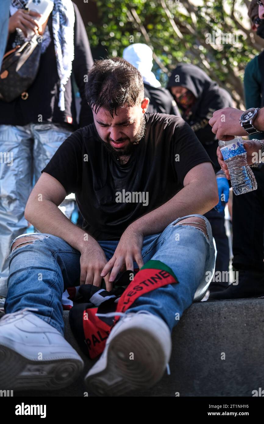 Los Angeles, California, USA. 14th Oct, 2023. A demonstrator winces in ...