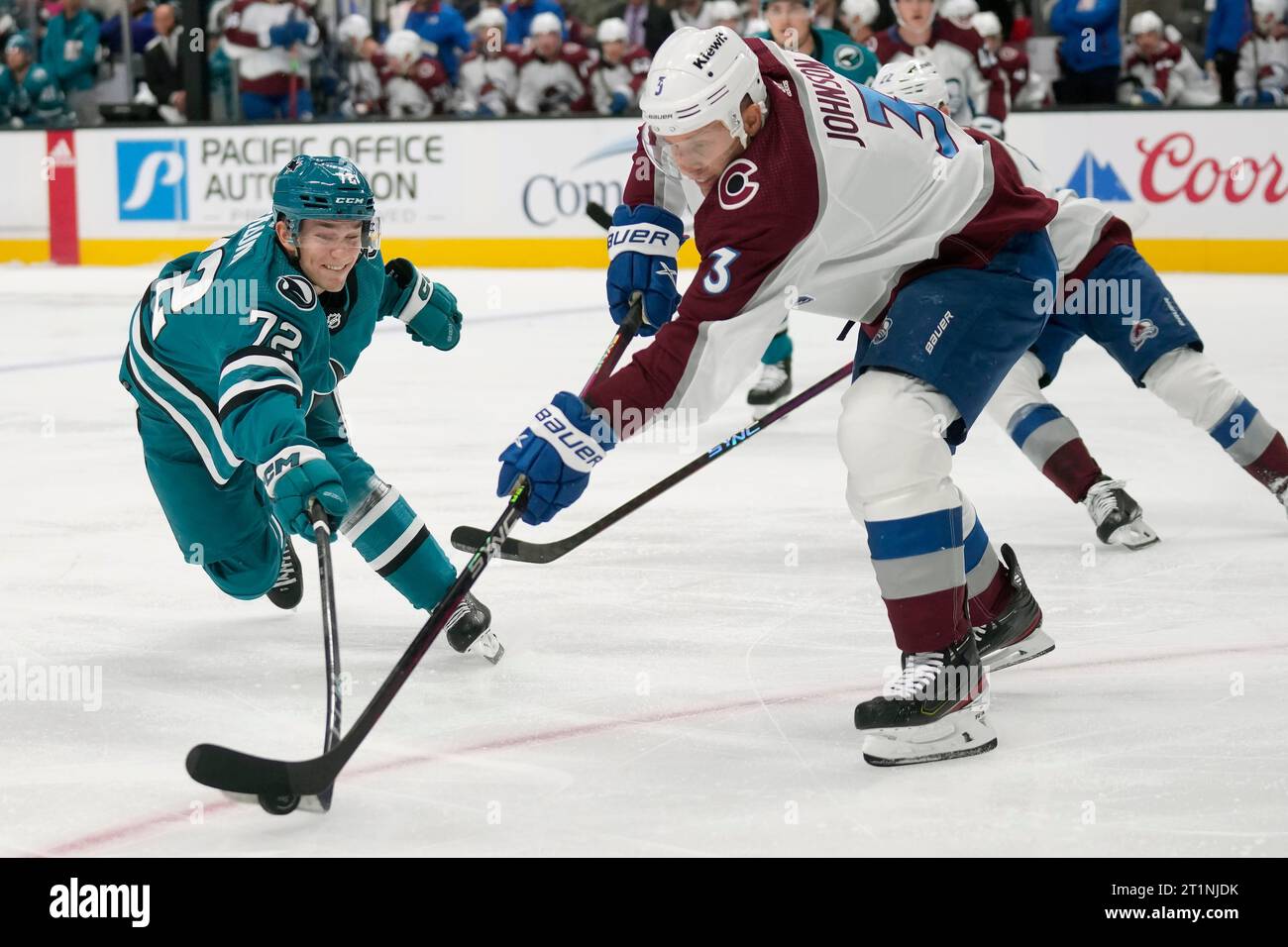 San Jose Sharks center William Eklund (72) reaches for the puck against ...
